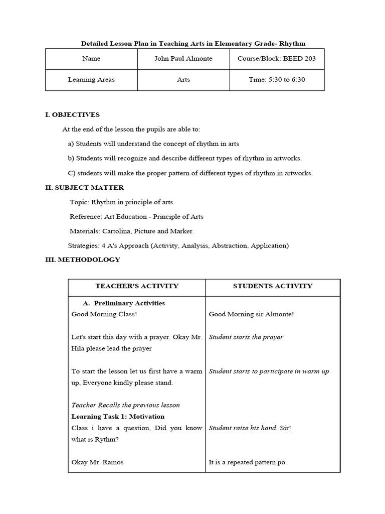 Lesson Plan Ni Almonte | PDF | Rhythm | Lesson Plan