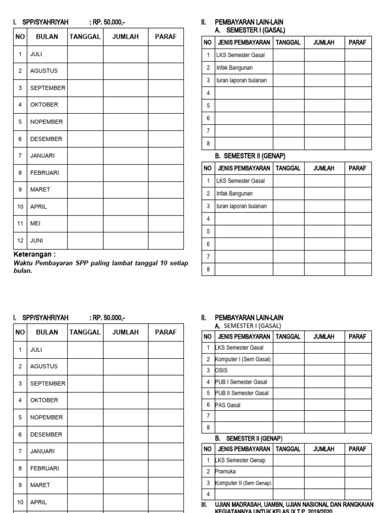 Form Belakang-SPP-2019-2020 Kosongan | PDF