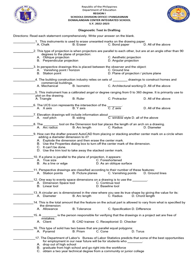 Diagnostic Examination in Drafting - LONG | PDF | Technical Drawing ...