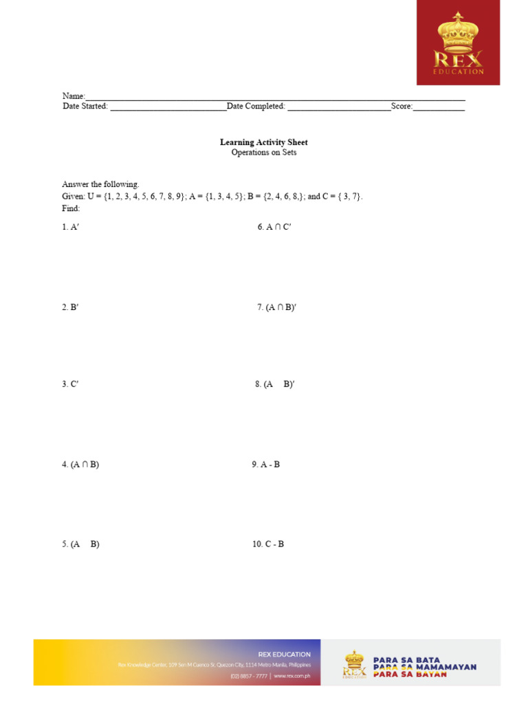 Learning Activity Sheet Operations On Sets | PDF