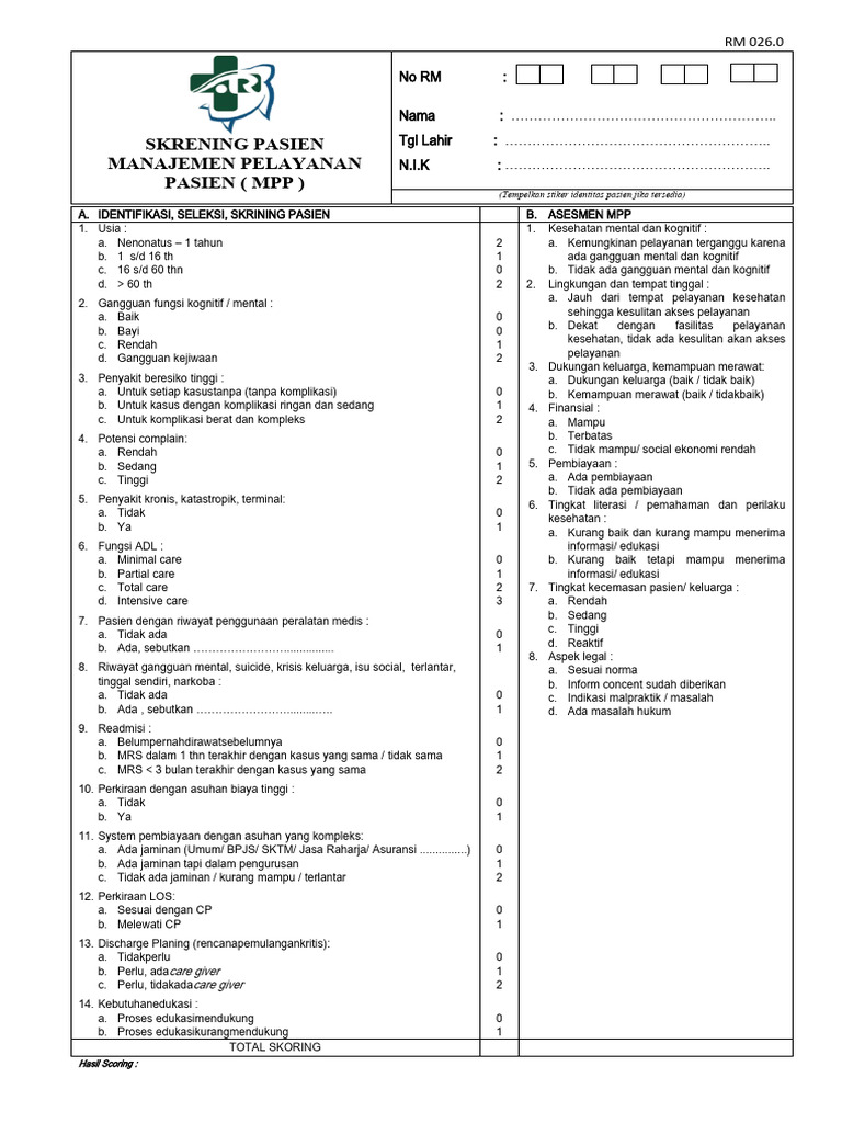 FORM - Screning Pasien MPP | PDF
