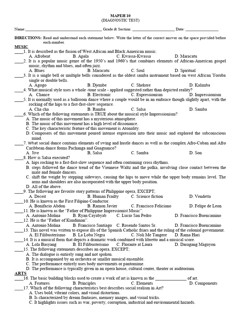 MAPEH Diagnostic Test | PDF