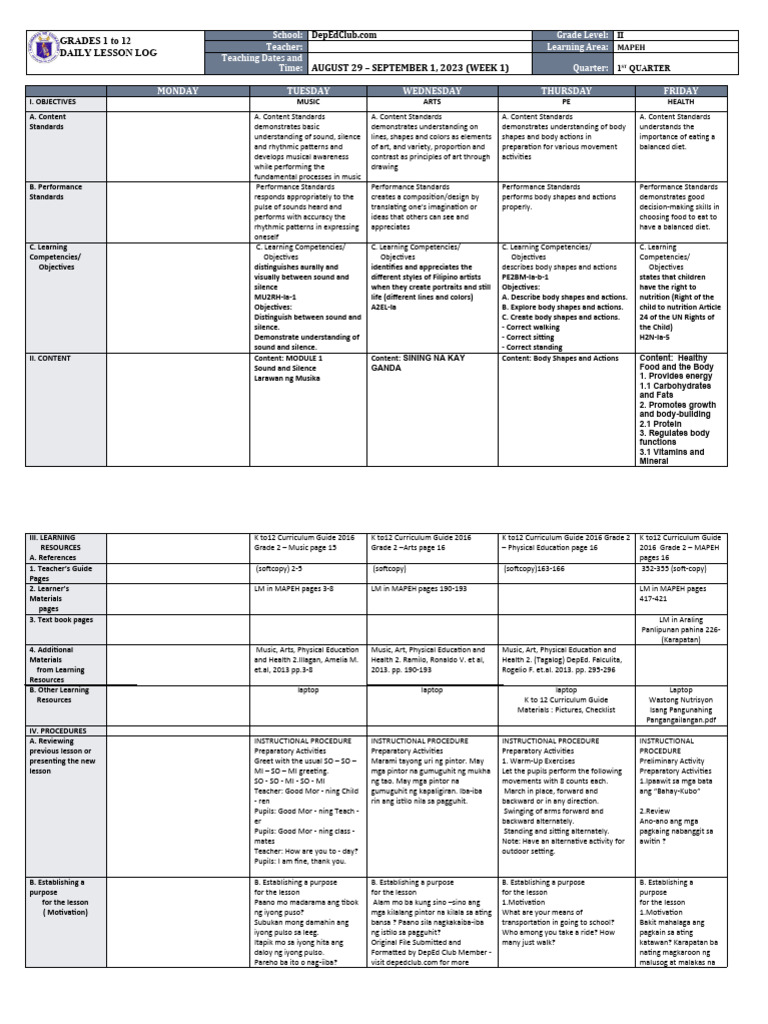 DLL - Mapeh 2 - Q1 - W1 | PDF | Physical Education | Curriculum