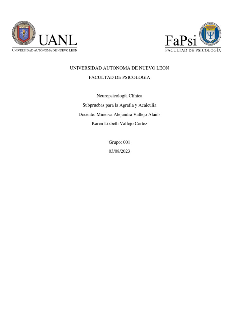 Subpruebas para La Agrafia y Acalculia | PDF