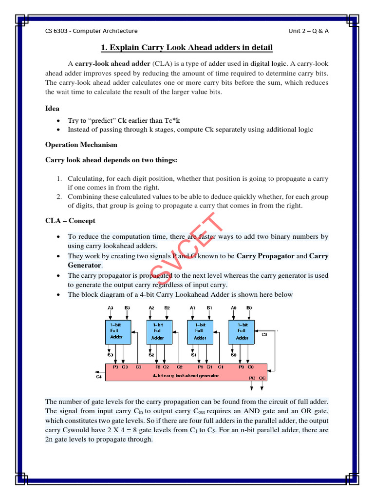 Svcet: 1. Explain Carry Look Ahead Adders in Detail | PDF