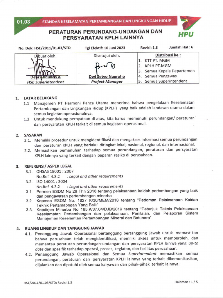 HPU 01.03 HSE-2011-STD Rev 1.2 - Peraturan Perundangan Dan Persyaratan KPLH Lainnya | PDF