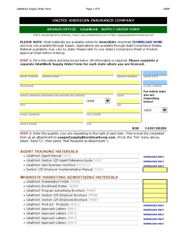 United American Insurance Company: Branch Office Uaatwork Supply Order ...