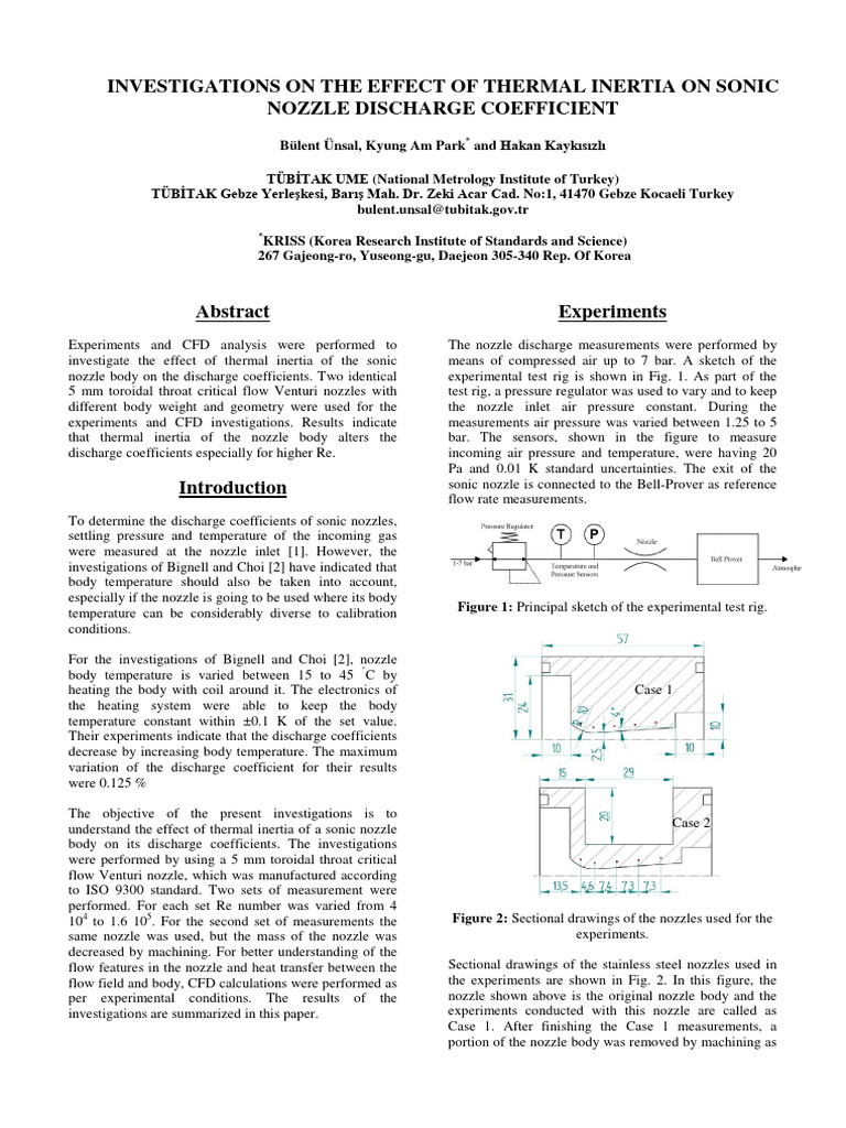 INVESTIGATIONS ON THE EFFECT OF THERMAL INERTIA ON SONIC NOZZLE DISCHARGE COEFFICIENT | PDF