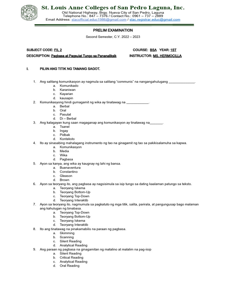 Exam - Fil 2 - Bsa 1st Year | PDF