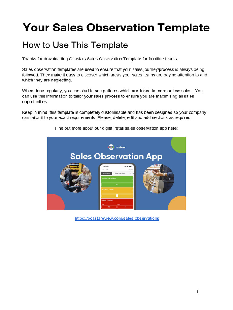 Training Sales Observation Template - Condensed April 2022 - Ocasta Review | PDF