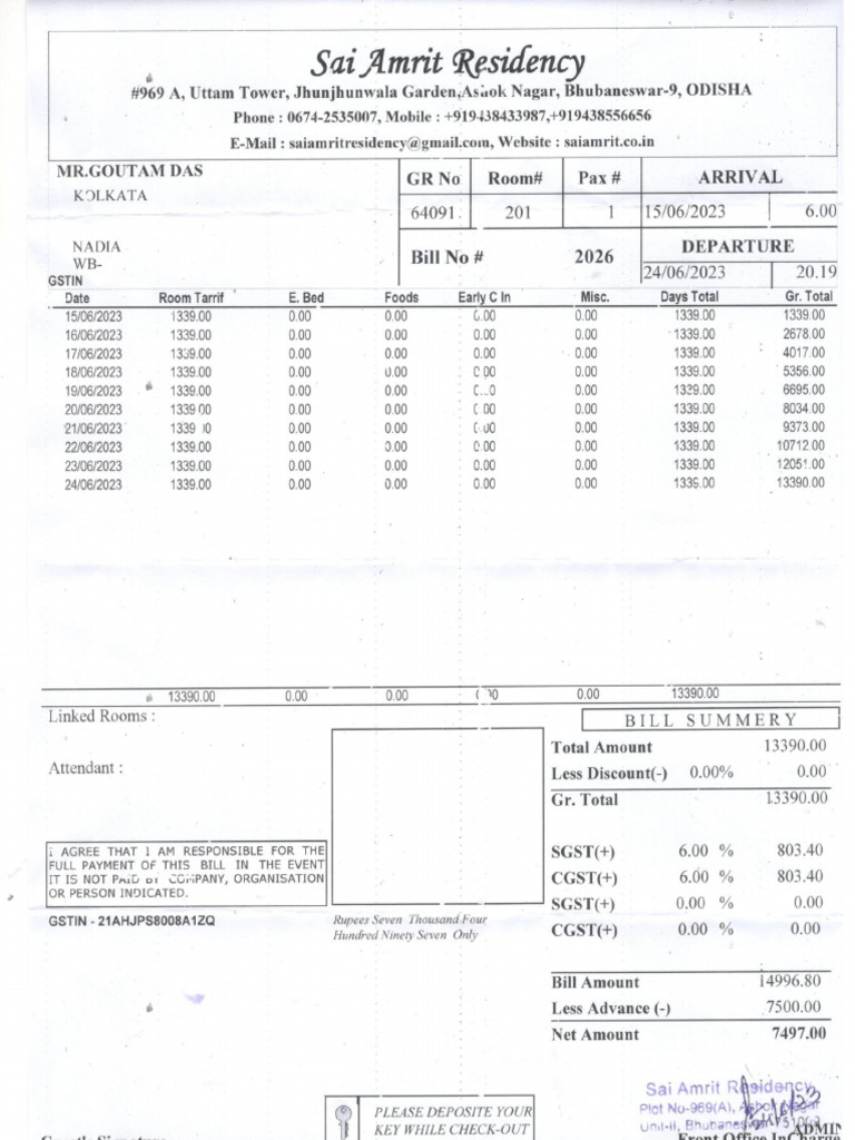 Taj Bhubanaswer Hotel Bill | PDF