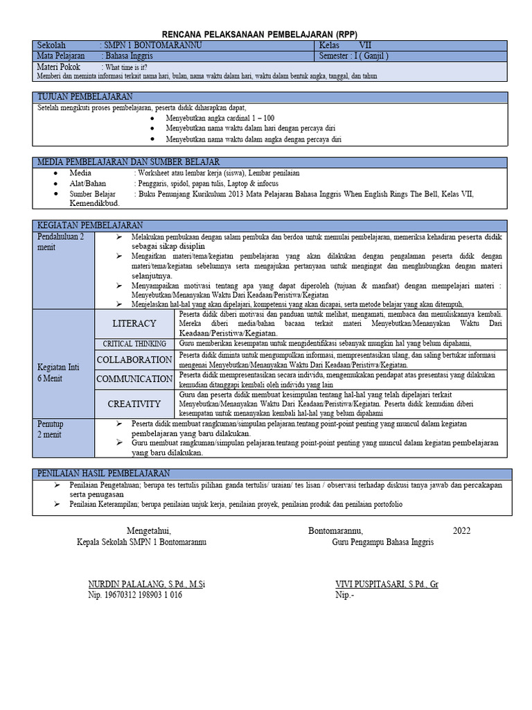 RPP Bahasa Inggris Kelas VII: Telling Time | PDF