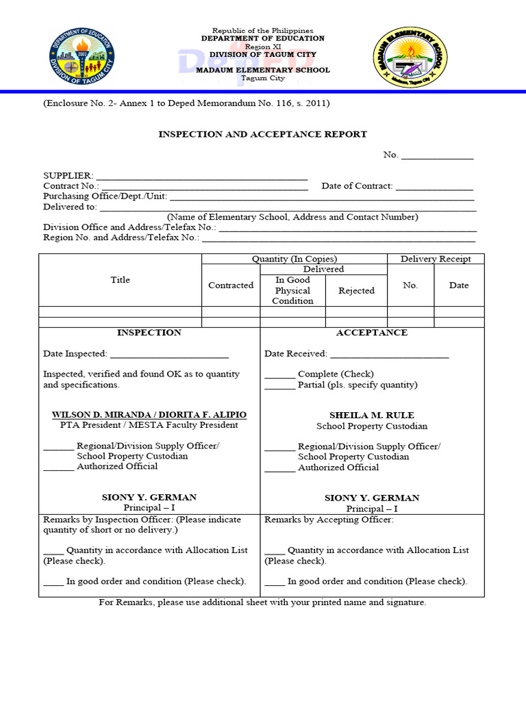 Inspection and Acceptance Report Form | PDF | Plywood