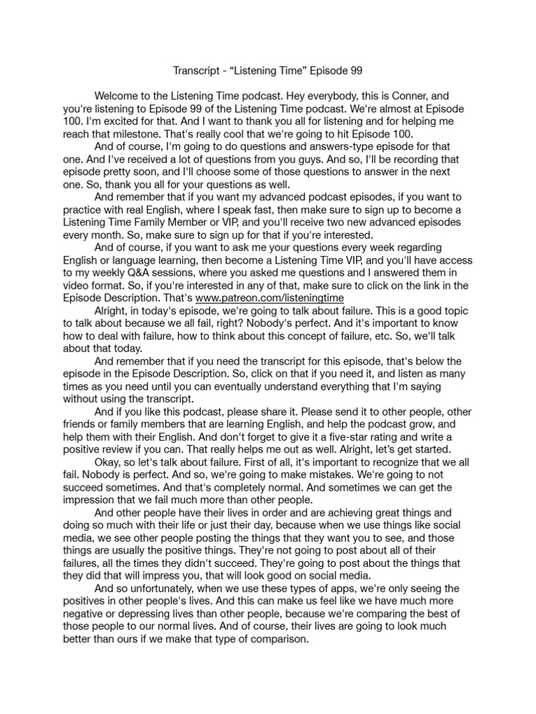 Episode 99 Transcript - Listening Time | PDF | Podcast