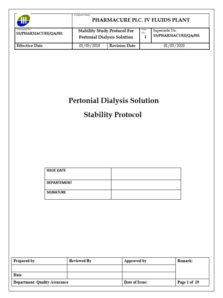 Stability Study Protocol For Peritoneal Dialysis | PDF