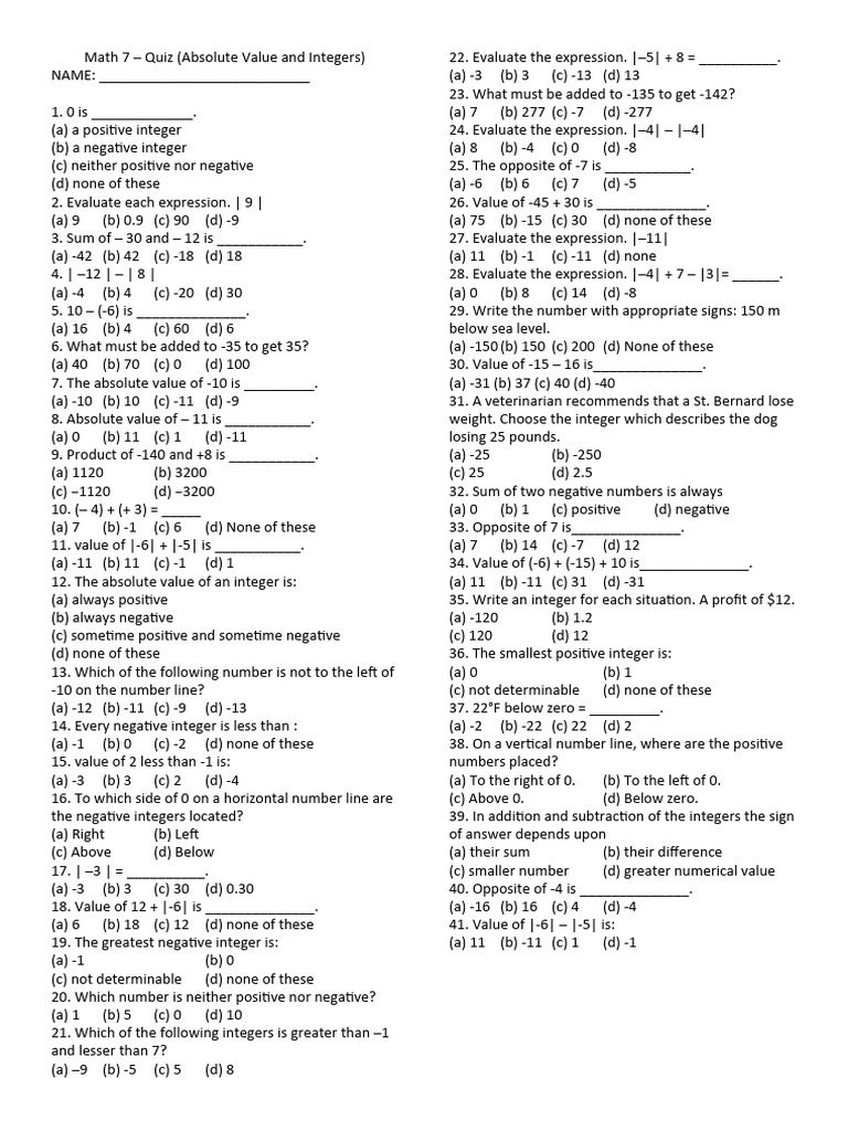 Math 7 Quiz: Absolute Value & Integers | PDF | Numbers | Integer