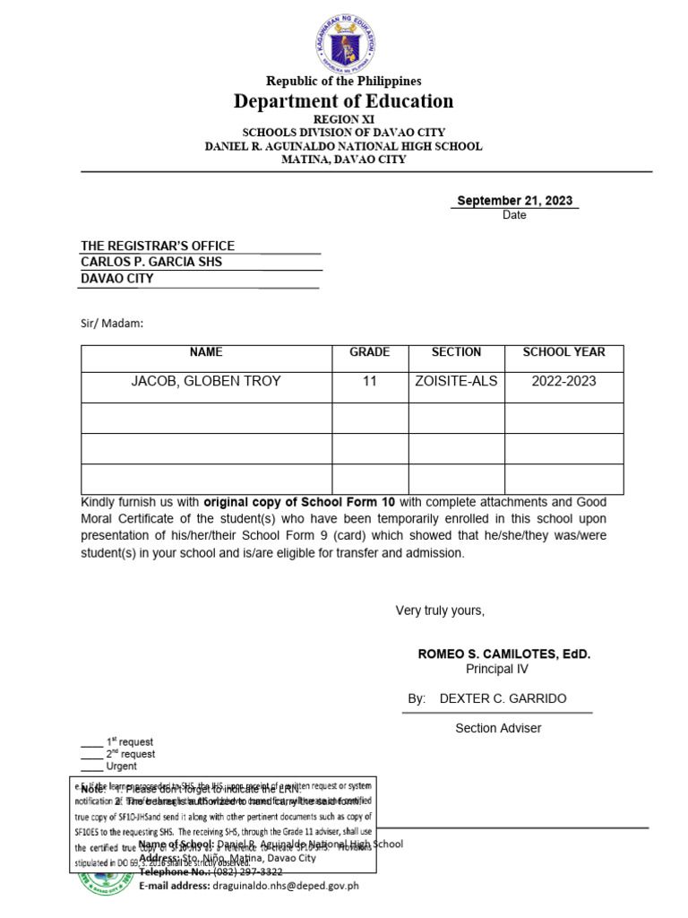 School Request For SF10 | PDF