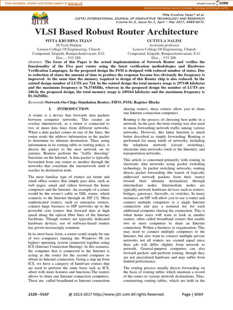 VLSI Based Robust Router Architecture: Pitta Krushna Tejan Guttula Nalini | PDF