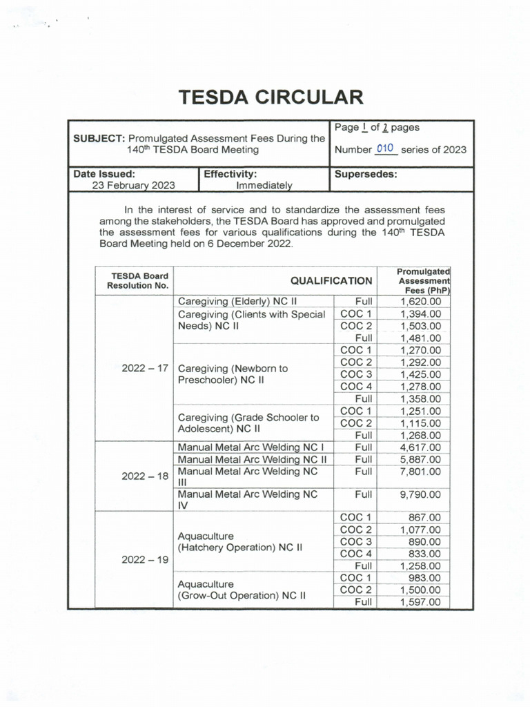 TESDA Assessment Fees Circular 2023 | PDF