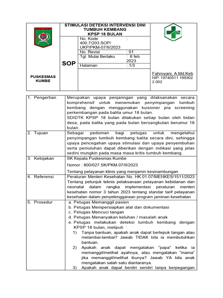 SOP SDIDTK KPSP 18 Bulan | PDF | Kesehatan Holistik