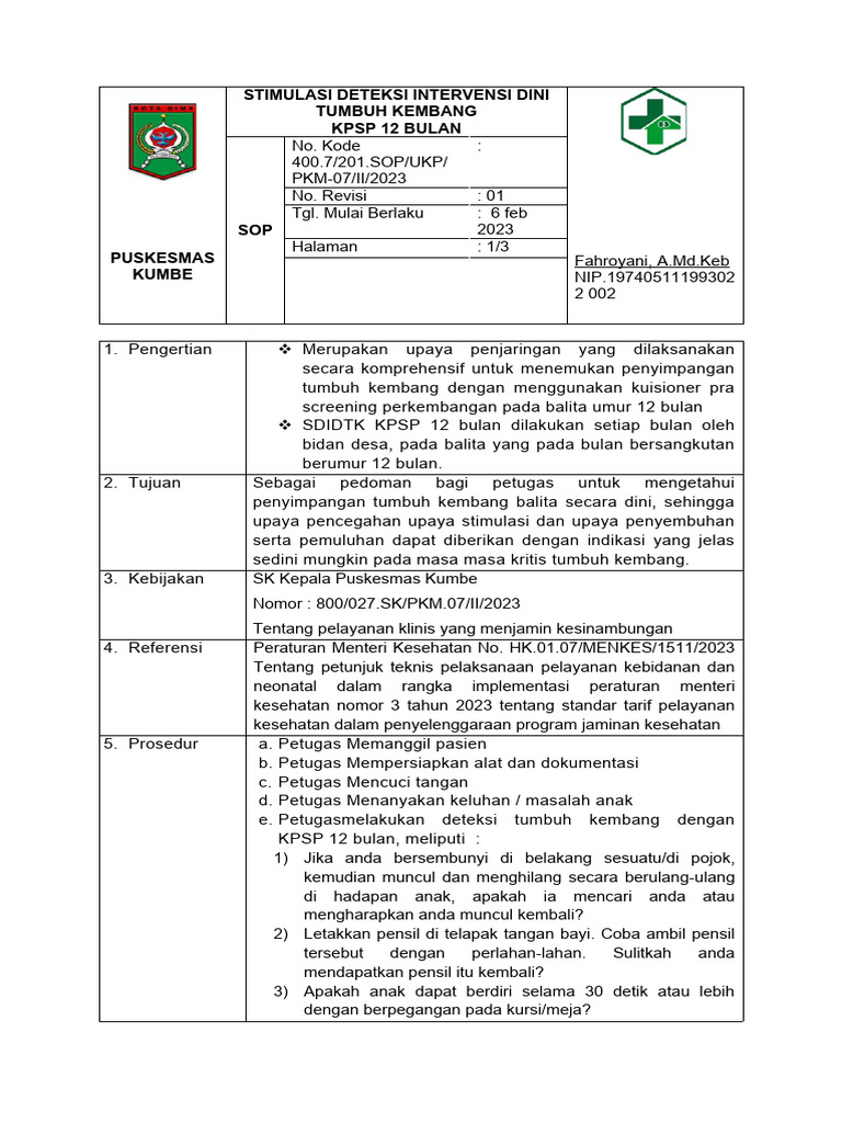 SOP SDIDTK KPSP 12 Bulan | PDF | Pengembangan Diri | Kesehatan Holistik
