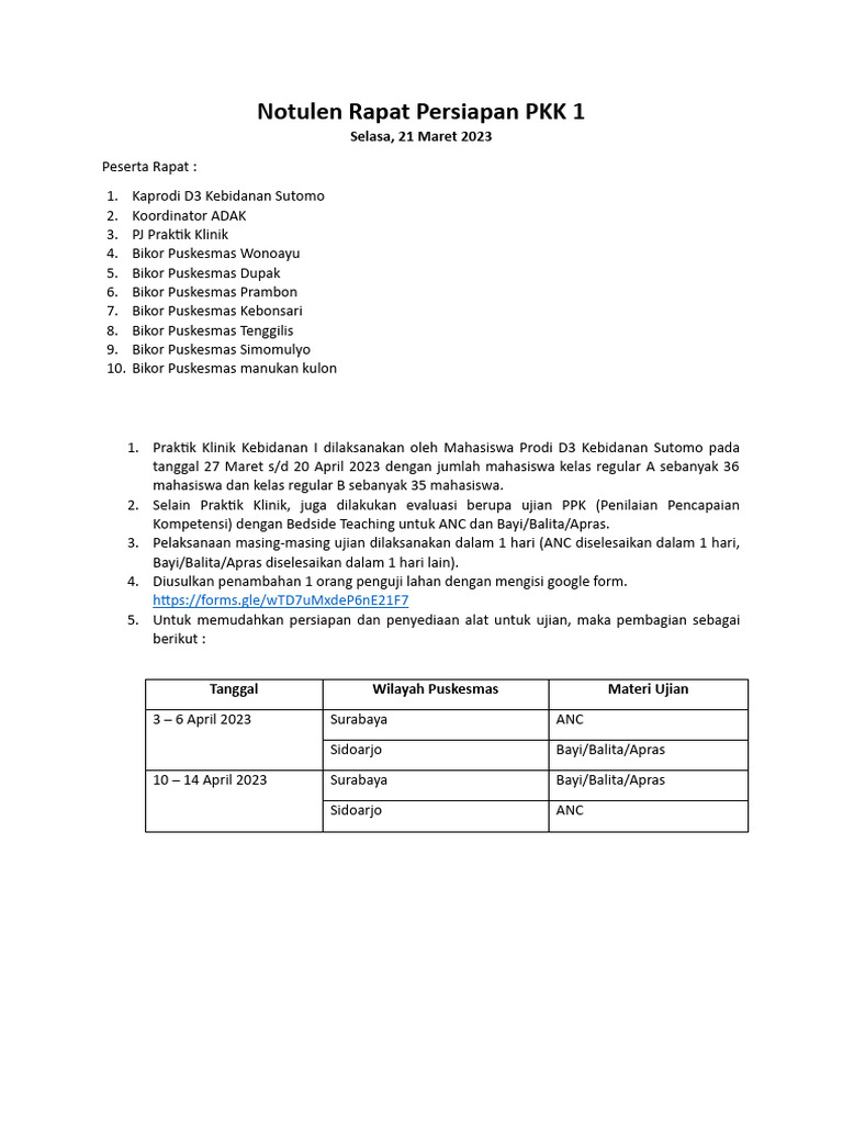 Notulen Rapat Persiapan PKK 1 | PDF