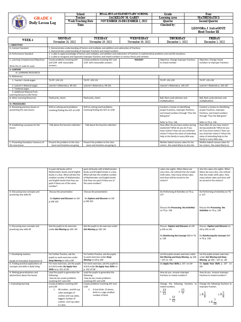 Grade 4 DLL Quarter 2 Week 4 (Sir Bien Cruz) | PDF | Flashcard | Teachers