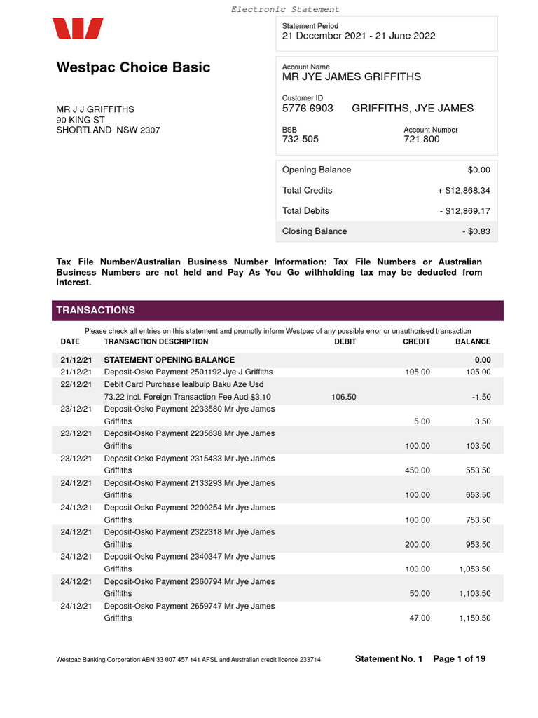 Westpac Statement for Jye Griffiths | PDF