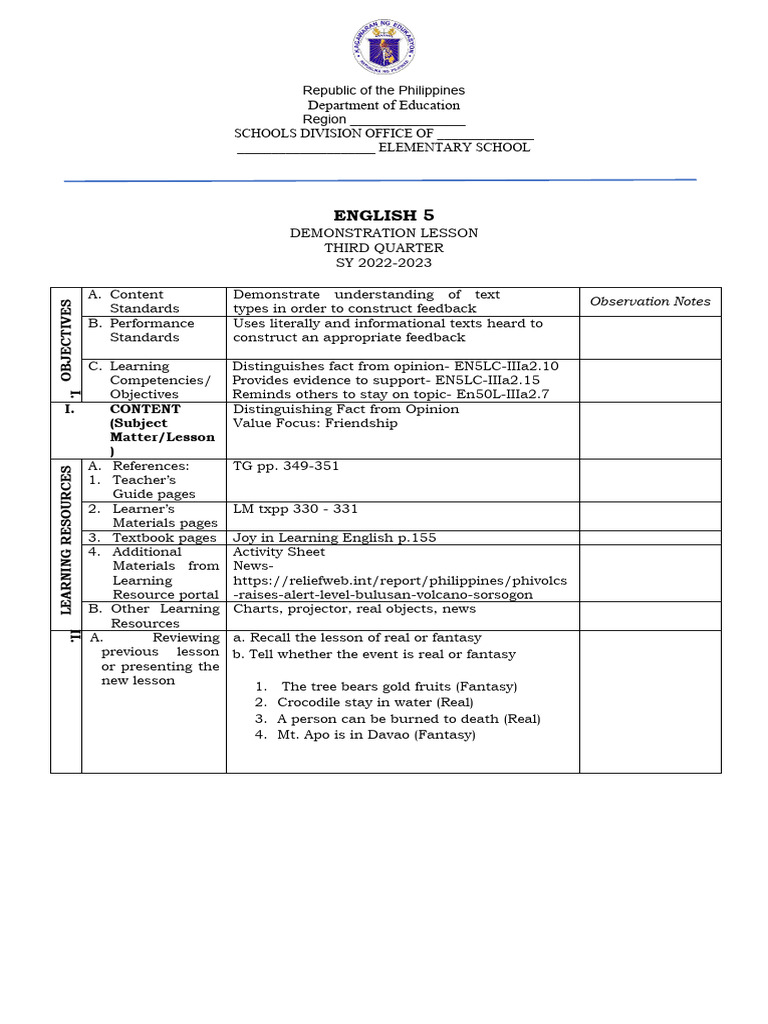 DEMO LESSON DLP English 5 | PDF