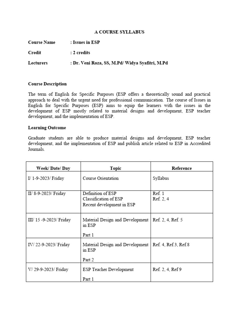 A Course Syllabus of Esp | PDF | Learning | Cognition
