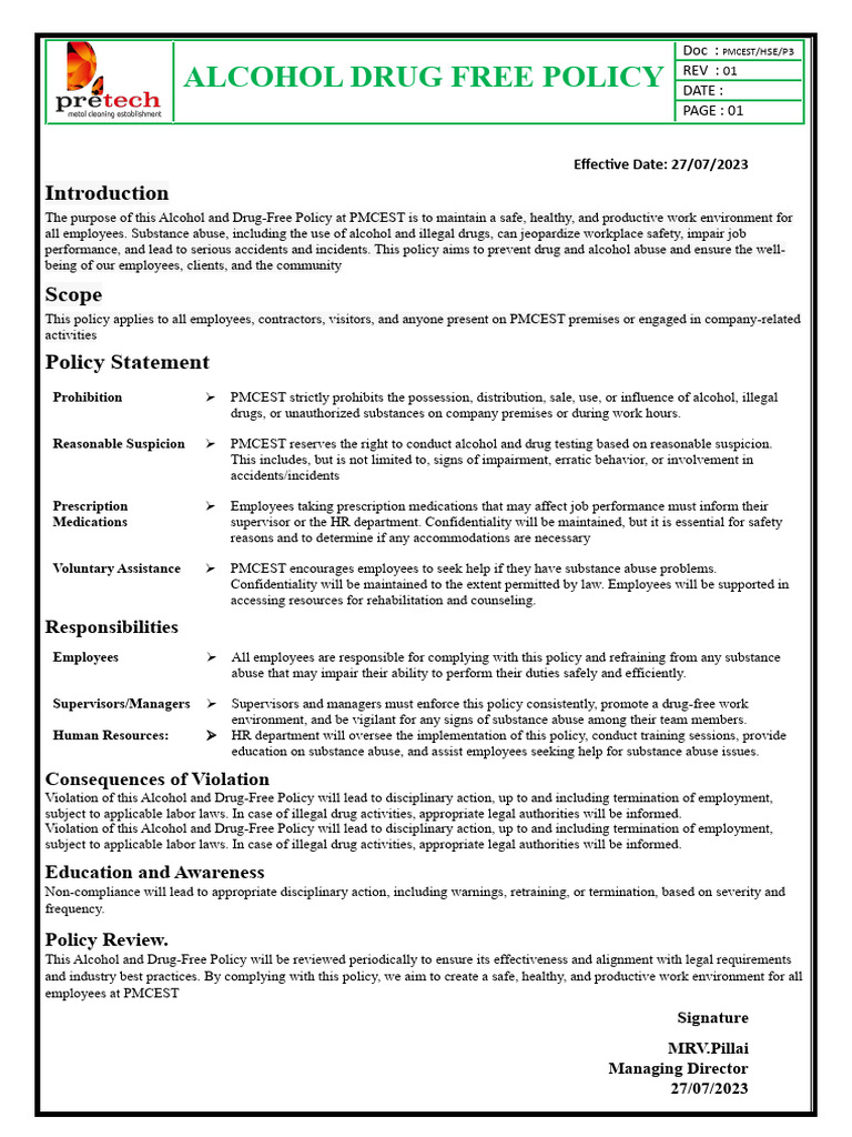 Alcohol Drug Policy | PDF | Substance Abuse | Employment