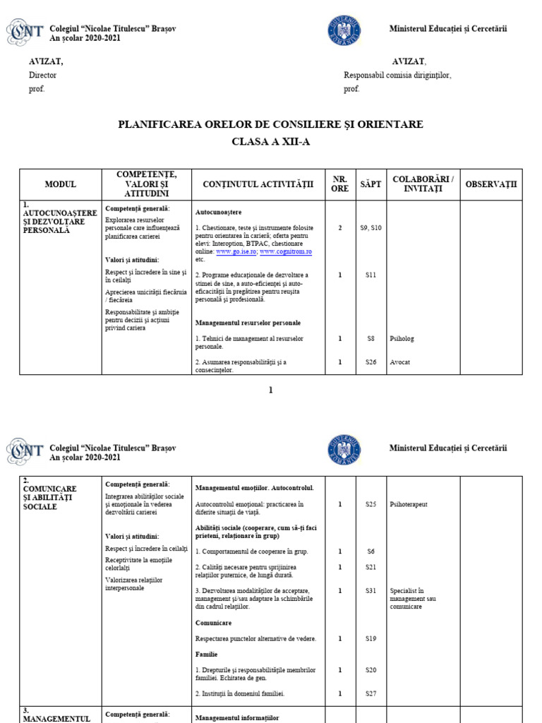 Planificare Dirigentie Cls - XII | PDF