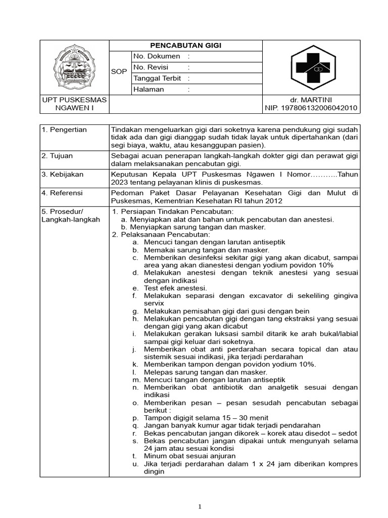 SOP PENCABUTAN GIGI | PDF