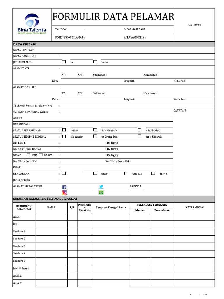 Form Pelamar - Pt. Bina Talenta | PDF