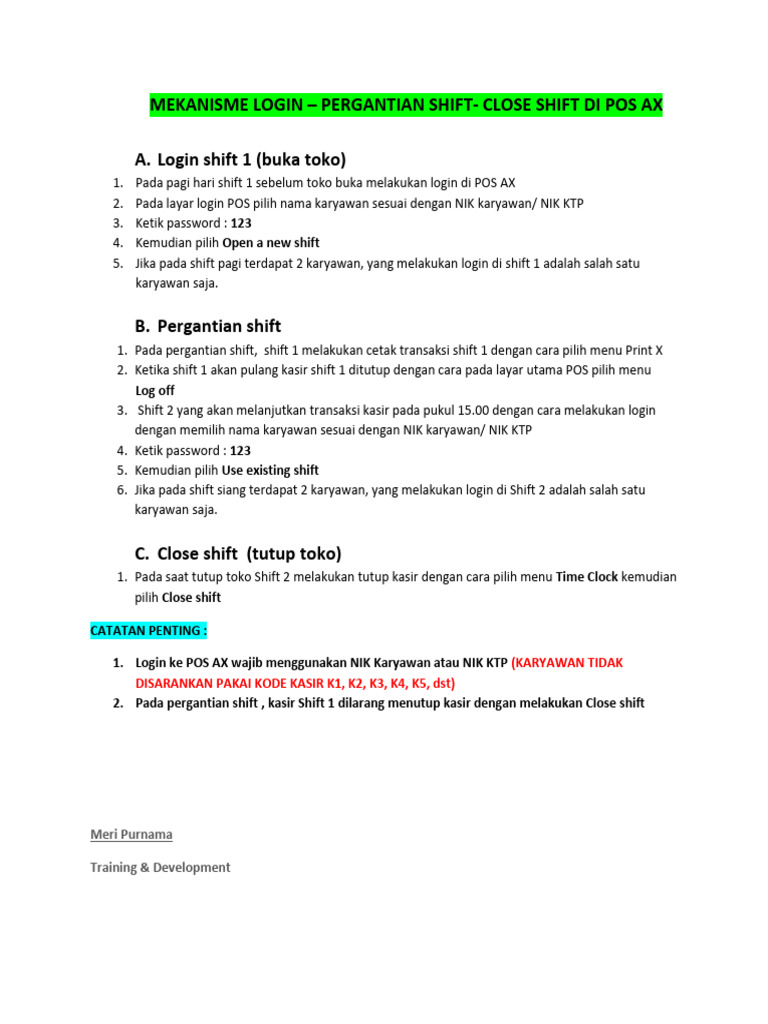 Login - Pergantian Shift - Close Shift | PDF