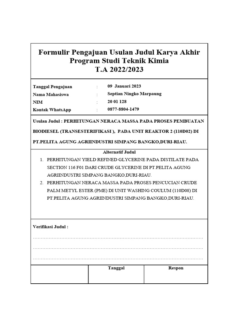 Formulir Pengajuan Usulan Judul Karya Akhir SEPTIAN NINGKO MARPAUNG | PDF Formulir Pengajuan Usulan Judul Karya Akhir SEPTIAN NINGKO MARPAUNG | PDF