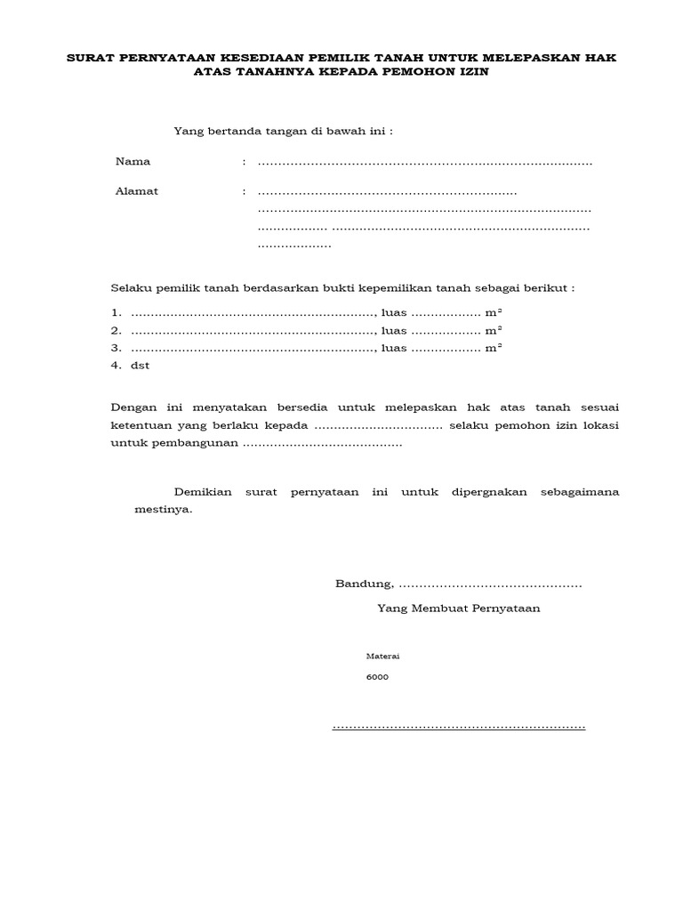 Surat Pernyataan Kesediaan Pemilik Tanah Untuk Melepaskan Hak Atas ...