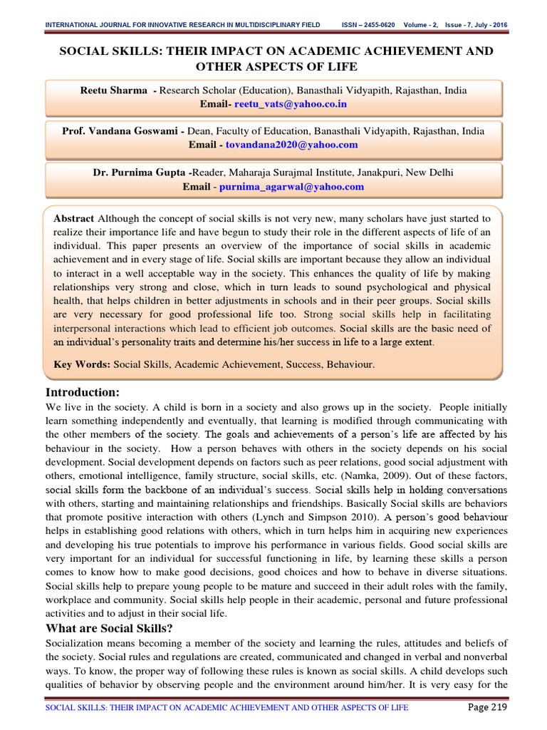 Social Skills: Their Impact On Academic Achievement and Other Aspects ...