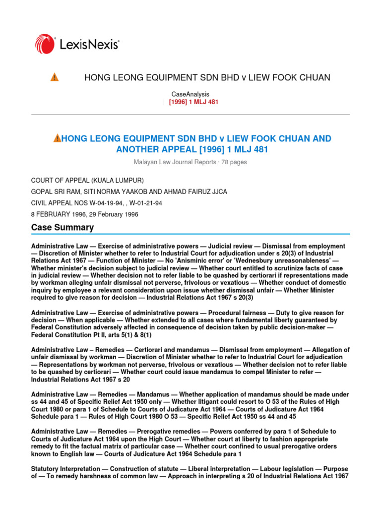 Hong Leong Equipment SDN BHD V Liew Fook Chuan (1996) 1 MLJ 481 | PDF | Administrative Law | Appeal