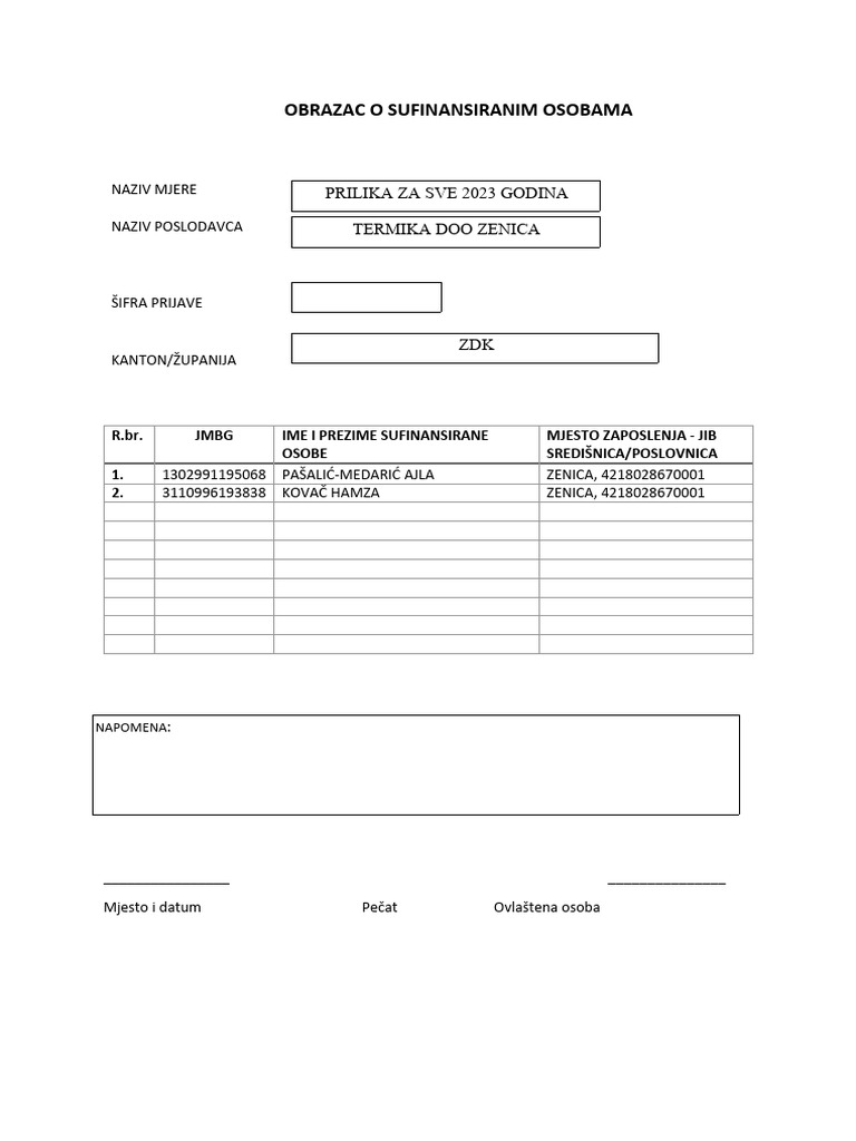 Obrazac o Sufinansiranim Osobama | PDF