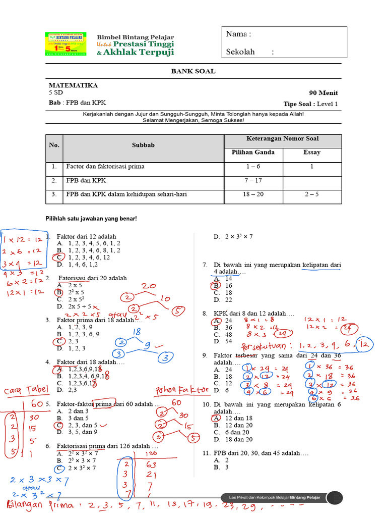 Bank Soal MTK 4D Bab Bilangan Prima, Faktor Dan Kelipatan Persekutuan | PDF