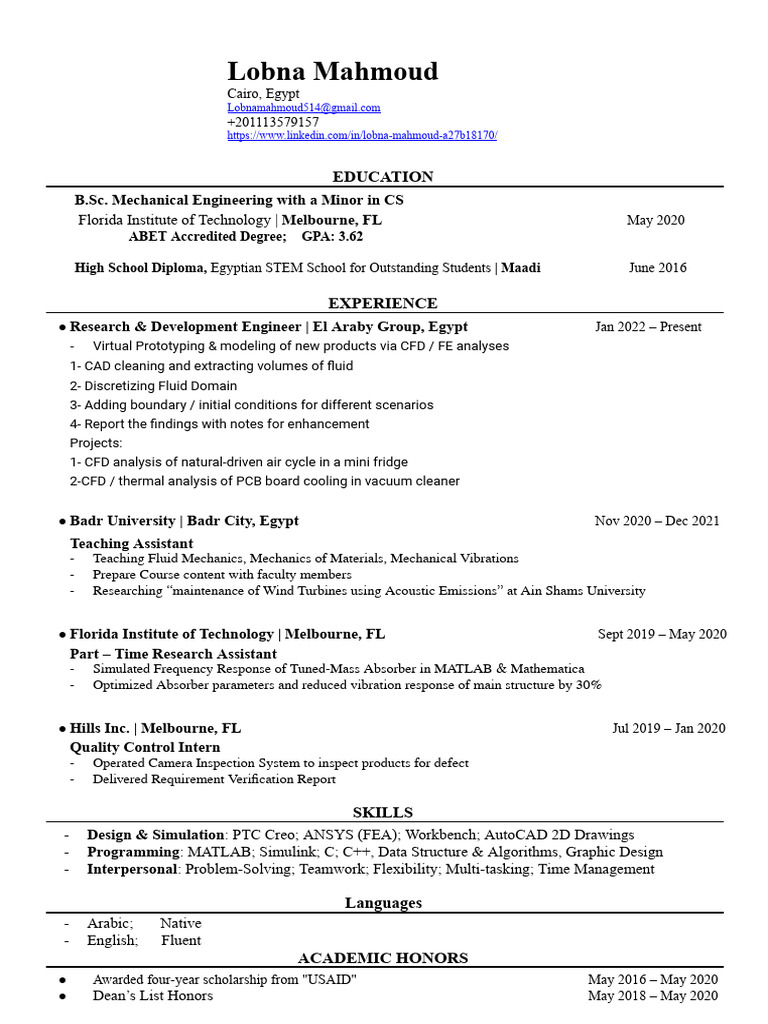 Lobna Mahmoud CV-Mechanical Engineering | PDF | Mechanical Engineering | Physical Sciences