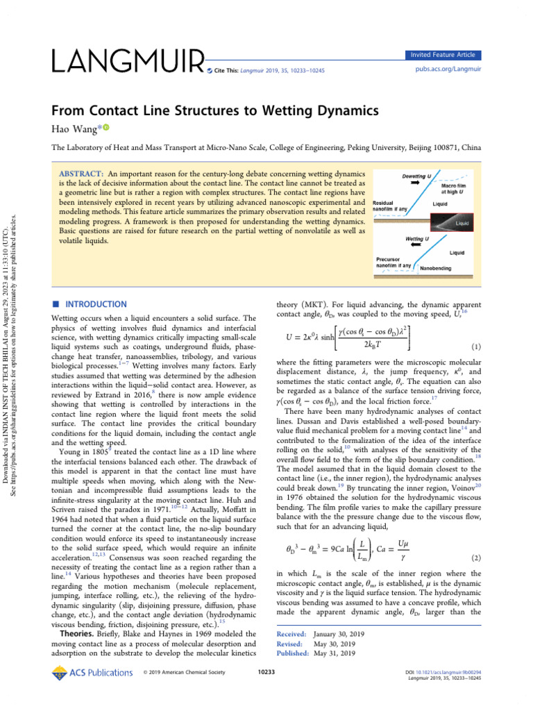 Acs Langmuir 9b00294 | PDF | Wetting | Fluid Dynamics