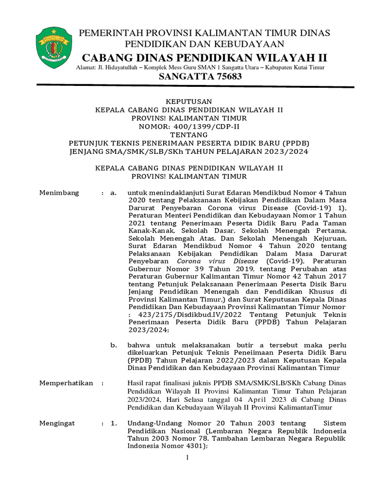 Juknis PPDB TP 23 24 Cabdin Wil 1 | PDF