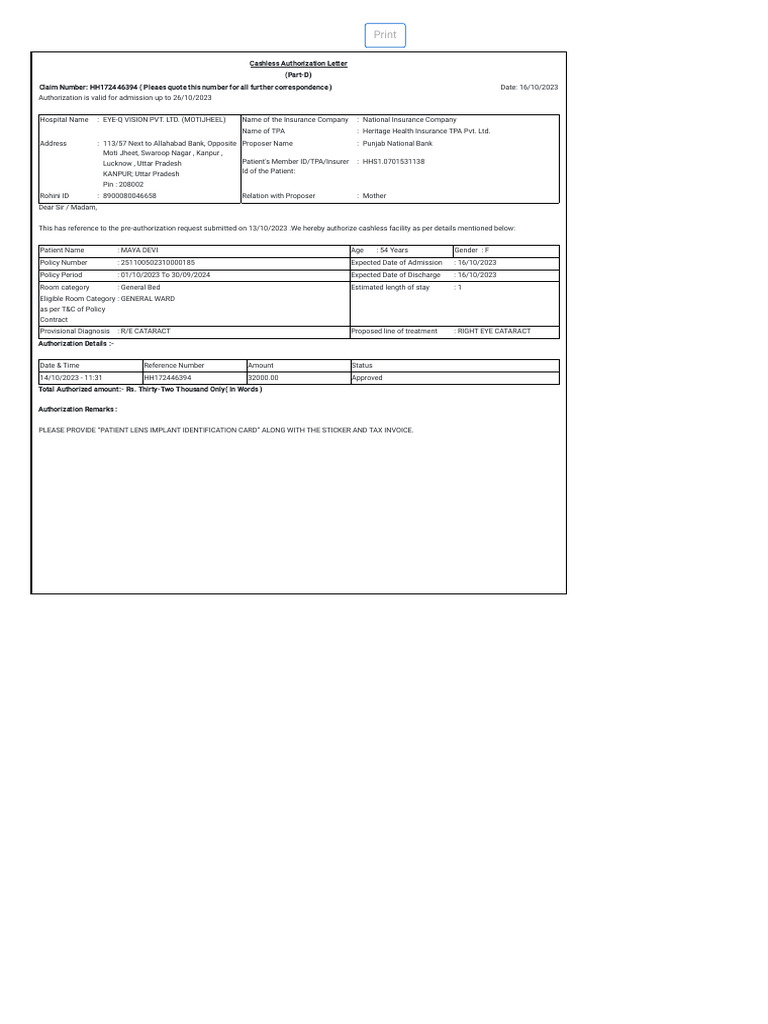 Pre Authorization Letter | PDF