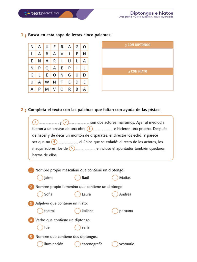 Diptongos e Hiatos: Ejercicios Avanzados | PDF | Voz humana | Fonética