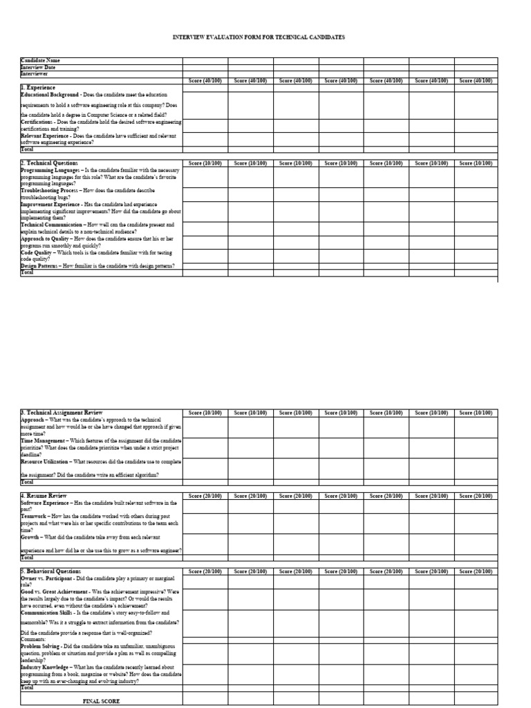 Technical Interview Evaluation Form Excel 1 | PDF | Computer ...