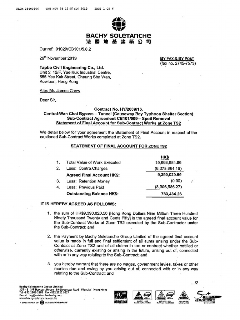 Statement of Final Account For TS2 | PDF