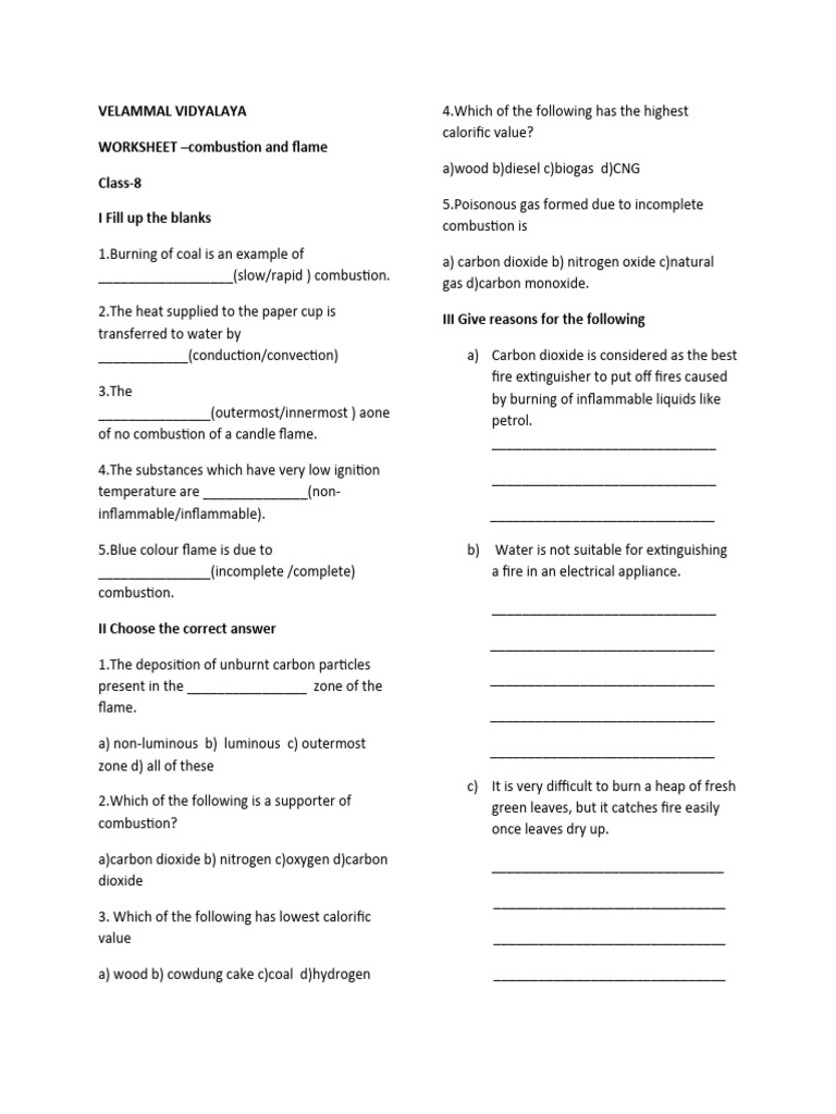 Eight-Worksheet - Combustion and Flame | PDF | Combustion | Fires