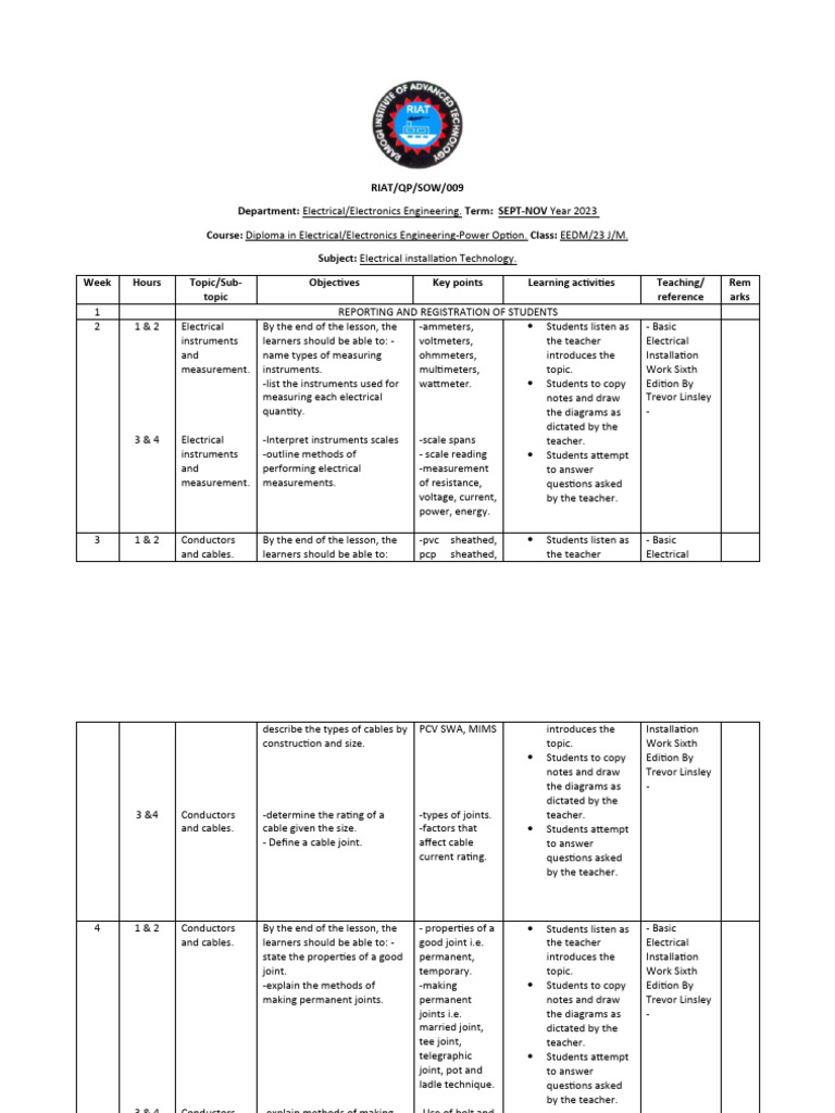 Electrical Installation Technology Sow 1 Pdf Electrical Wiring